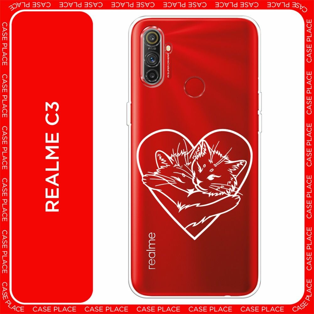 Чехол на Realme C3 / Реалми C3 с принтом "Влюблённые котики рисунок 2 - 14 февраля", прозрачный