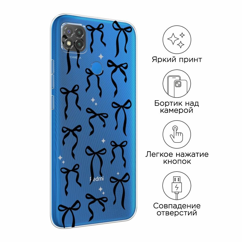 Чехол на Xiaomi Redmi 9C / Сяоми Редми 9C с принтом "Black bows", прозрачный — фото 1