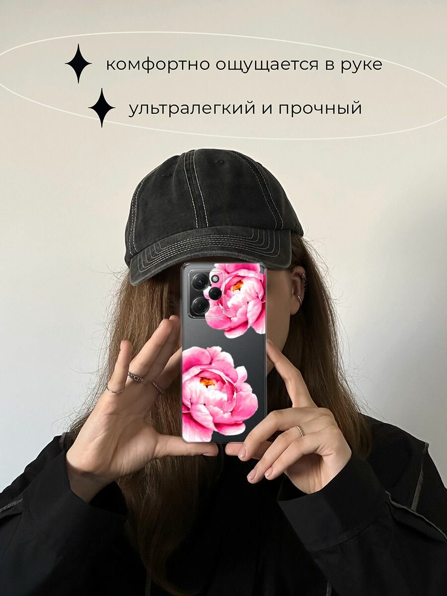 Чехол на Xiaomi Poco X5 Pro 5G / Сяоми Поко X5 Про 5G с принтом "Open peonies", прозрачный — фото 1