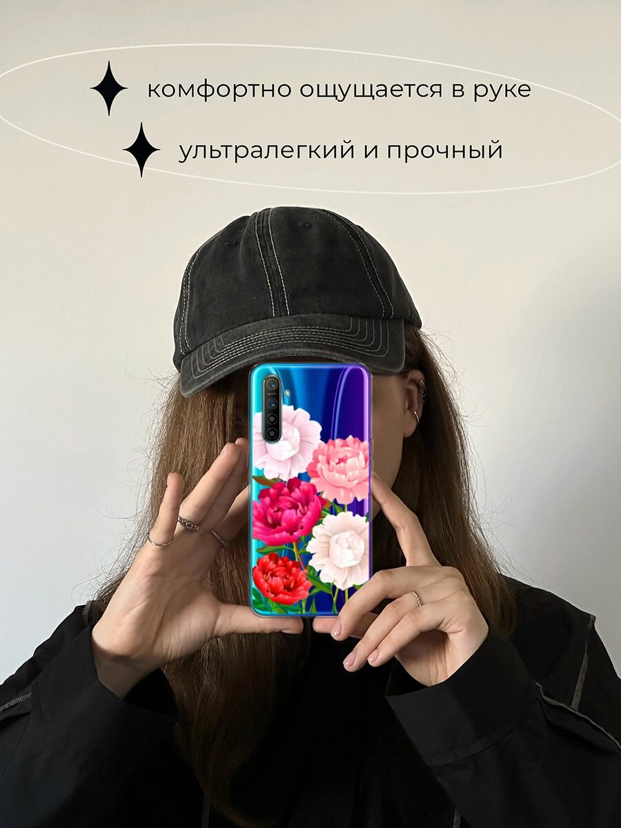 Чехол на Realme XT / Реалми XT с принтом "Большие пионы", прозрачный — фото 1