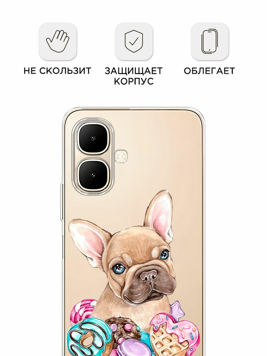 Чехол на Infinix Smart 10 / Инфиникс Смарт 10 с принтом "Бульдог и сладости", прозрачный — фото 1