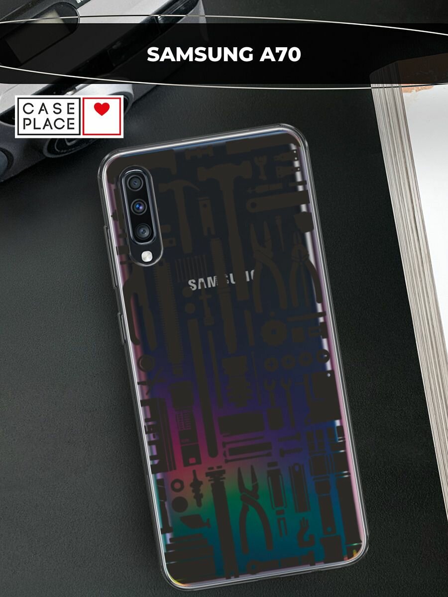 Чехол на Samsung Galaxy A70 / Самсунг Галакси А70 с принтом "Черные инструменты", прозрачный