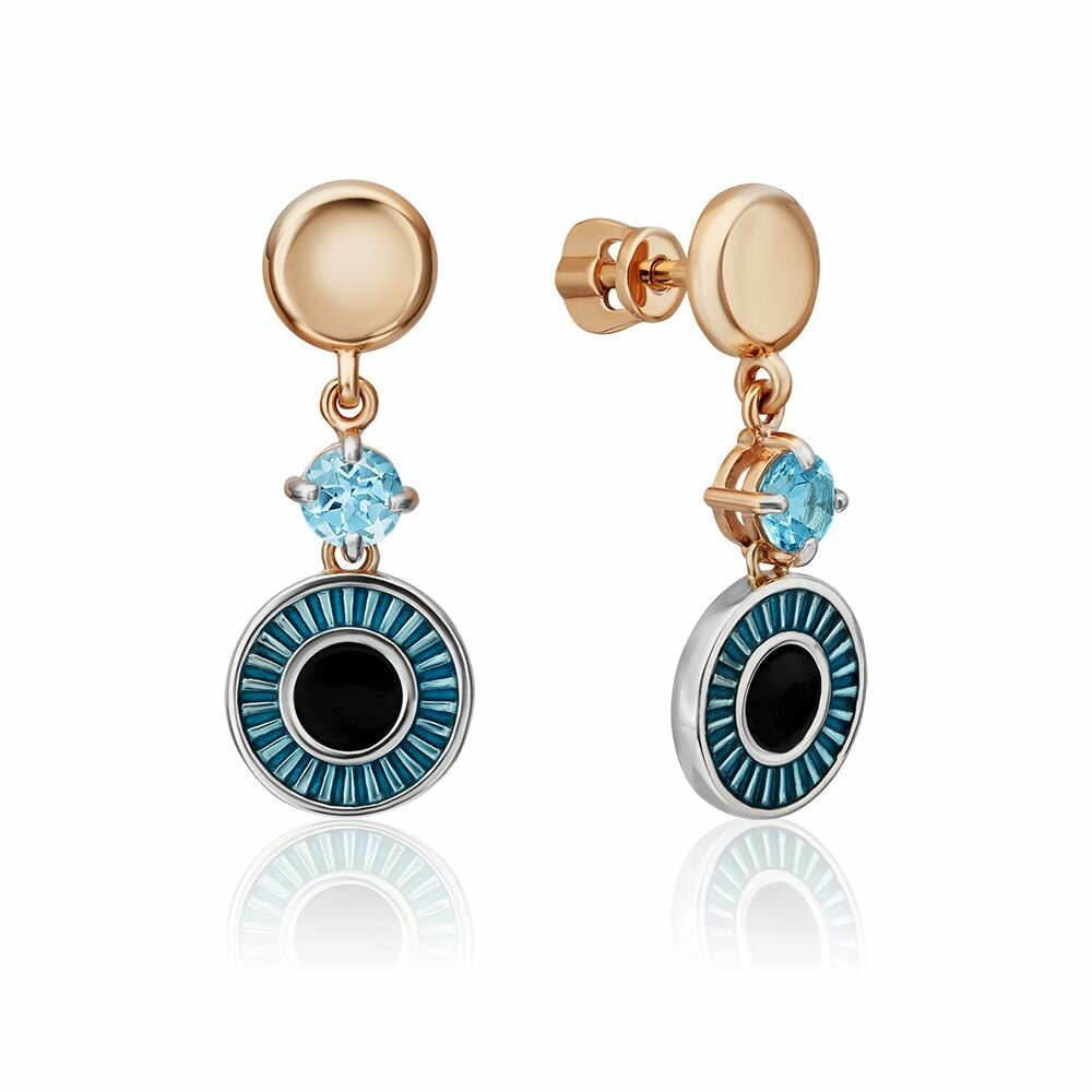 Серьги пусеты, комбинированное золото, 585 проба, родирование, топаз, эмаль