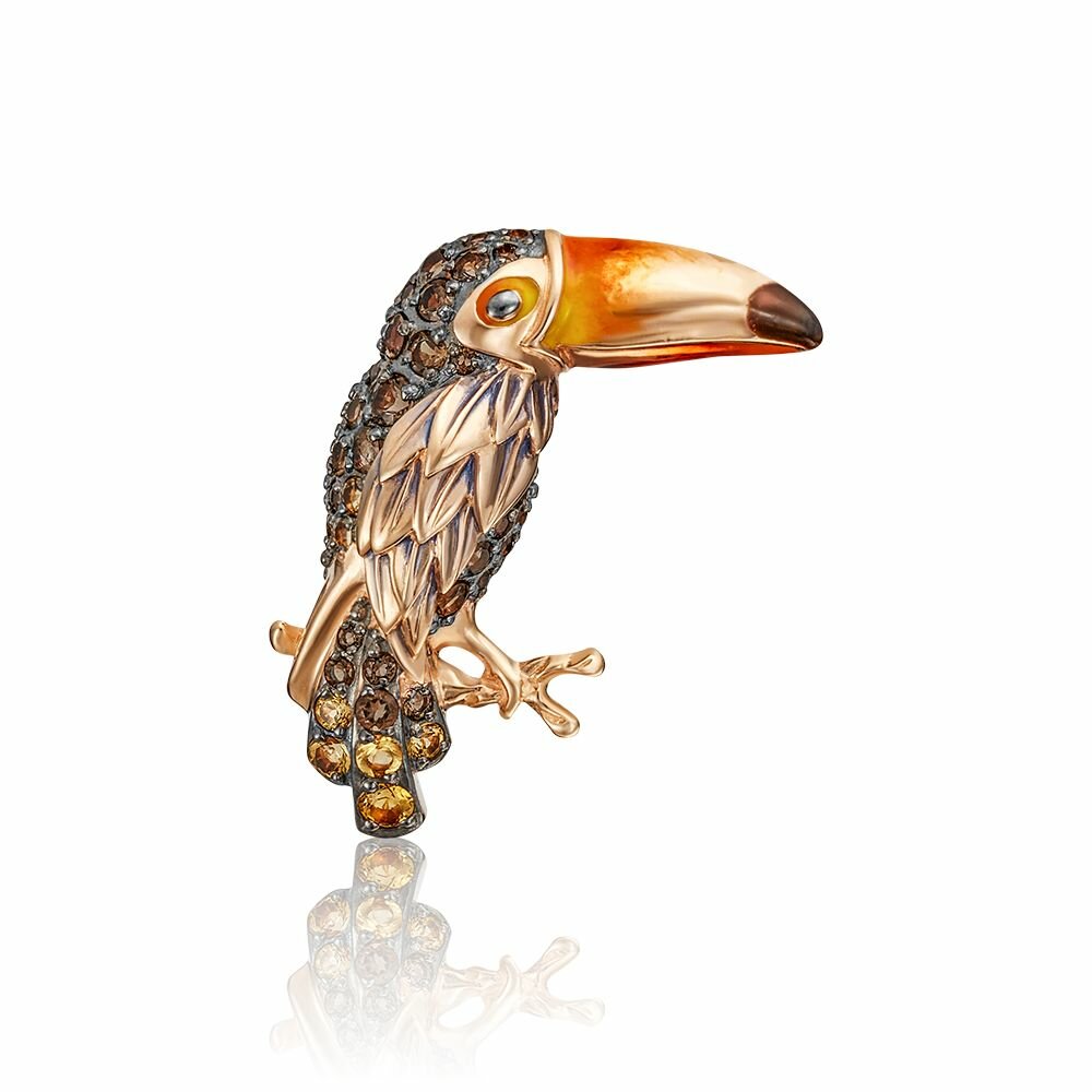 Брошь, красное золото, 585 проба, цитрин, эмаль, раухтопаз