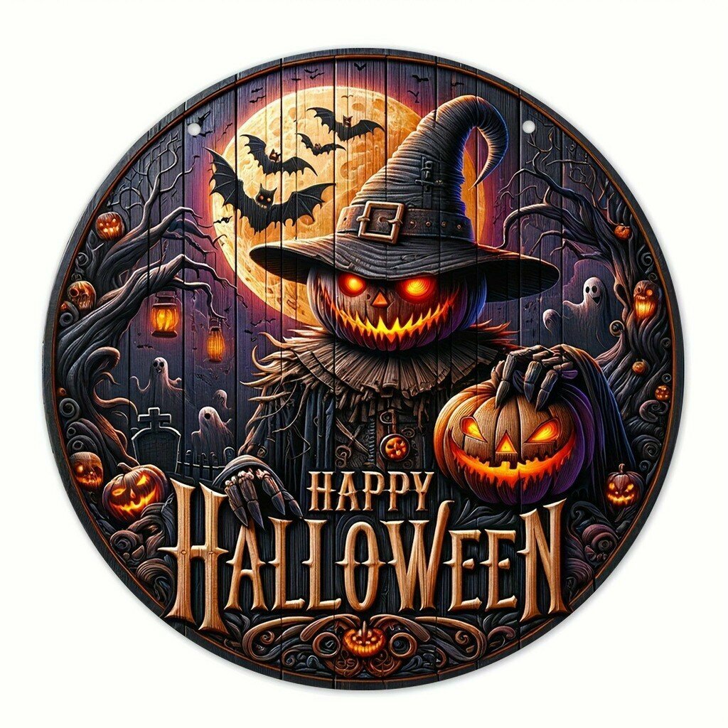Декоративная желтая деревянная табличка на дверь для хэллоуина круглая для домашнего декора темно-фиолетовая 20х20см