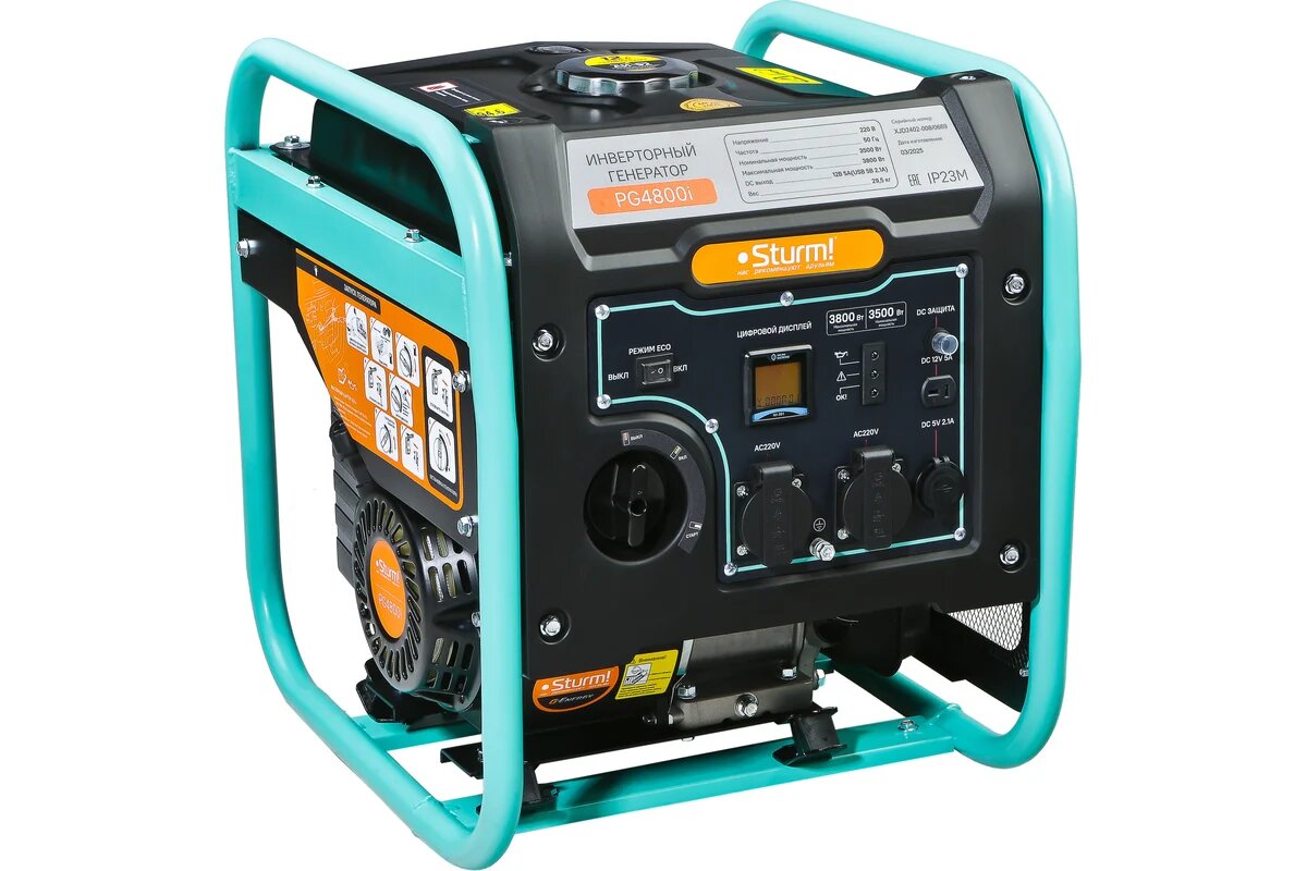 Генератор бензиновый инверторный 3.8 кВт, бак 12 л, 2 розетки, Sturm! PG4800i