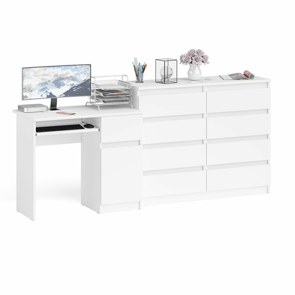 Комод 8-мь ящиков СВК Мори МК1200 и правый компьютерный стол цвет белый, 210,4х50х94 см.