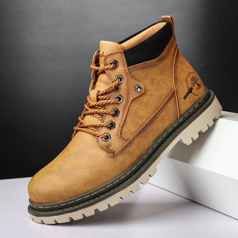 Полусапожки осенне-зимние трендовые ботинки больших размеров, универсальные кожаные ботинки средней посадки, ботинки Martin, мужские рабочие ботинки из хлопка, ботинки с большим голенищем