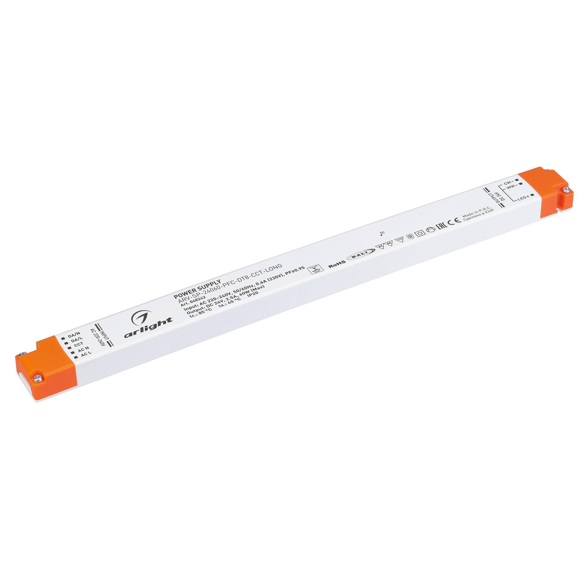 Диммируемый источник напряжения Arlight Блок питания ARV-SP-24060-PFC-DT8-CCT-LONG (24V, 2.5A, 60W) (Arlight, IP20 Пластик, 5 лет)