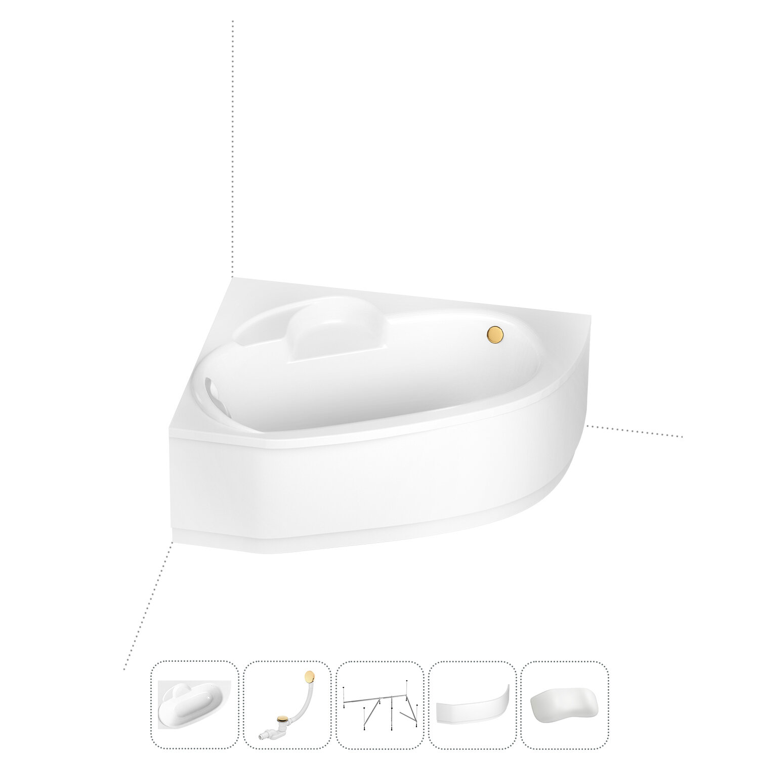 Угловая ванна акриловая 160 x 105 с каркасом и экраном Lavinia Boho Bell Pro 202011775 в наборе 5 в 1: асимметричная ванна (левый разворот), слив-перелив, каркас, экран, подголовник