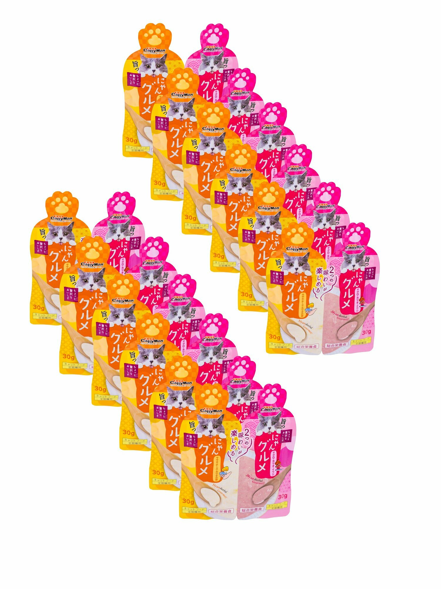 Корм для кошек влажный Japan Premium Pet №1 Тунцовое пюре в нежном соусе с тихоокеанской сардиной / №2 Мясное пюре в нежном соусе с икрой японского тунца и сыром для кошек-гурманов, 12 уп х 60 г