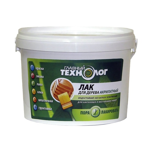 Лак для Дерева Главный Технолог 0.5кг Акрилатный, Бесцветный без Запаха, Глянцевый для Внутренних и Наружных Работ.