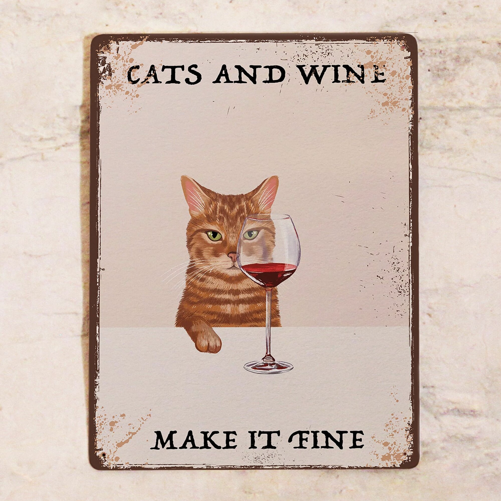 Прикольная табличка cats and wine make it fine кот и вино, металл, 20х30 см.
