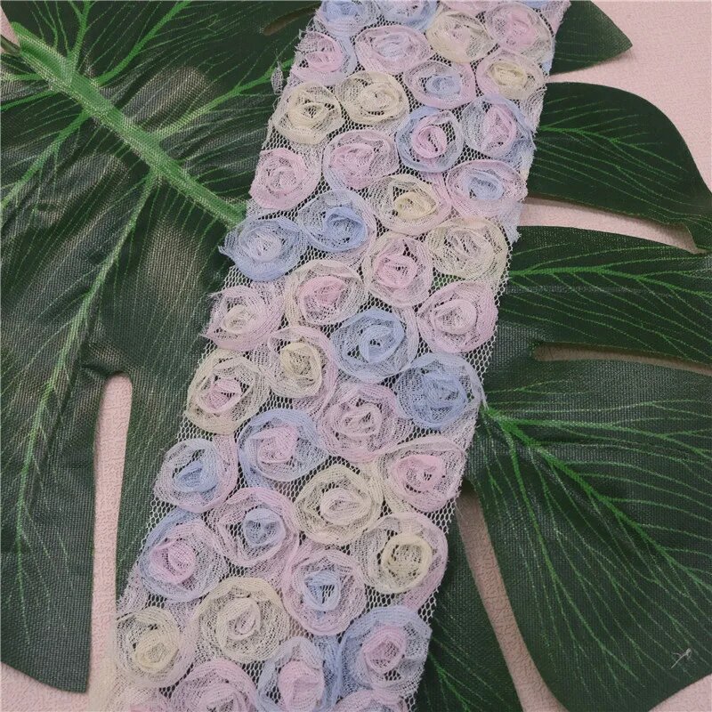 1 ярд 12 см ширина 3D Шифоновый Цветок розы вышитая кружевная отделка Лента ткань шитье «сделай сам» костюм головной убор украшение шляпы