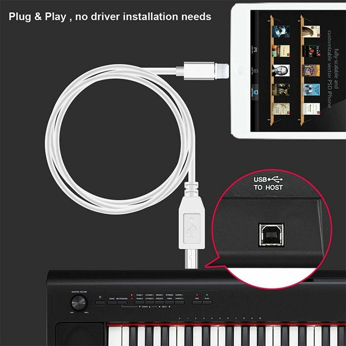 Переходник Lightning to Type-B MIDI Keyboard USB 2.0 Cable для iPhone 7 8 X iPad