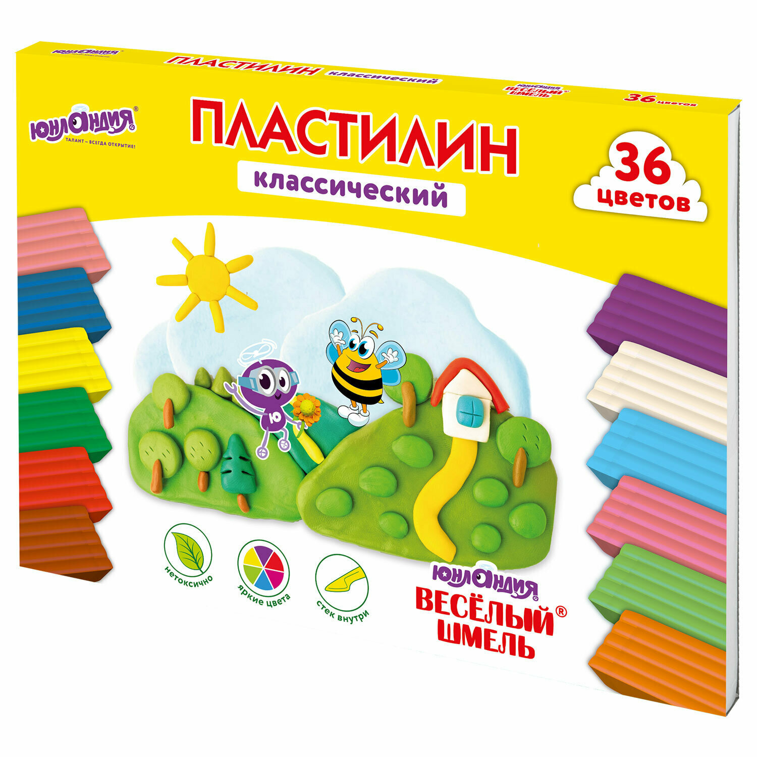 Пластилин классический Юнландия "Веселый шмель" 36 цветов, 720 г, со стеком (106434)