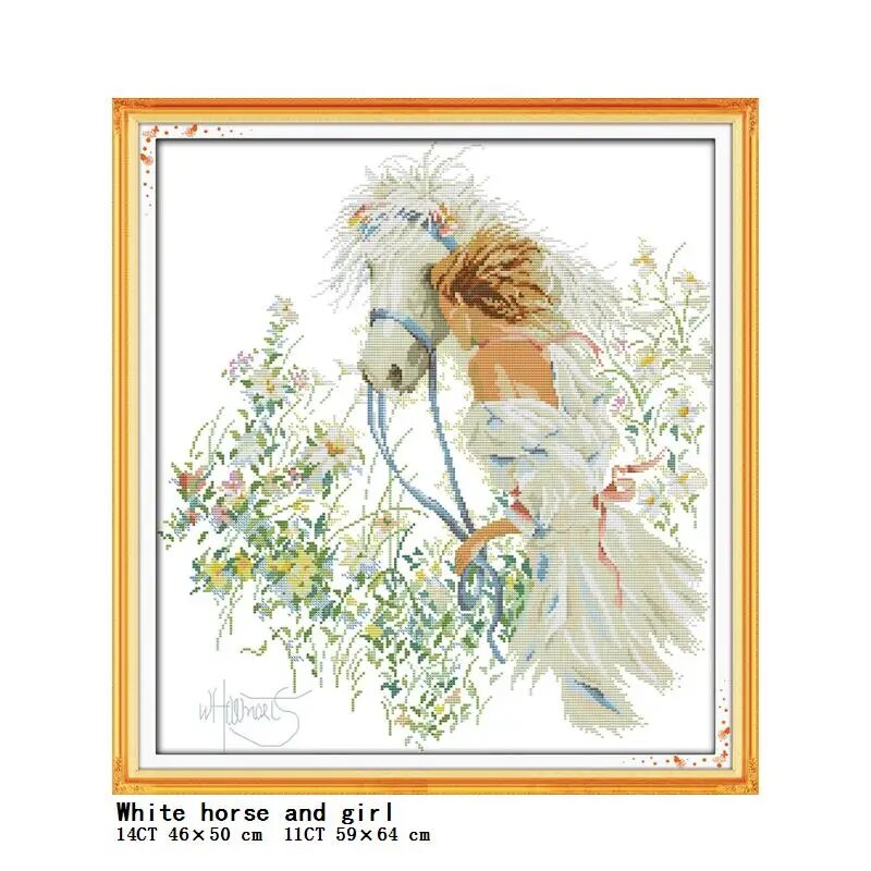 Набор для вышивки крестиком Joy Sunday, белая лошадь и девушка, 14CT Printed, белый, R468