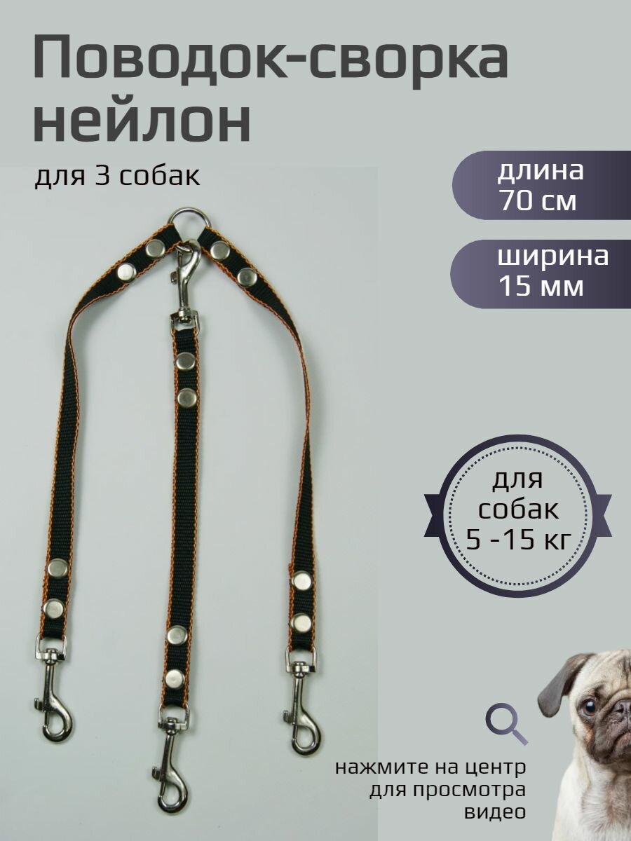 Сворка Хвостатыч для трёх собак нейлон 70 см х 15 мм (черно-оранжевый)