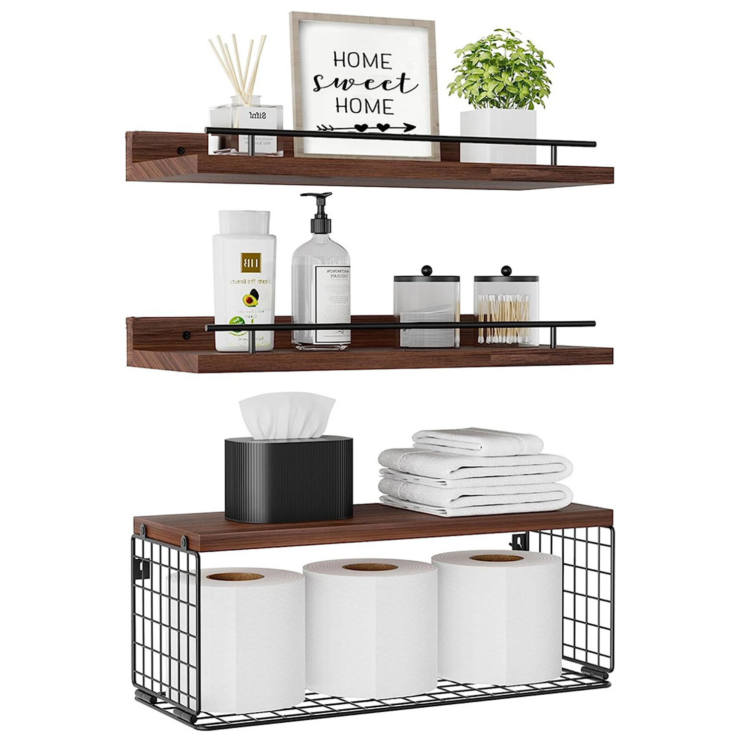 Полка настенная, массив дерева/металл, 40x15x15 см 1 шт, 40x15x5см 2 шт, коричневый