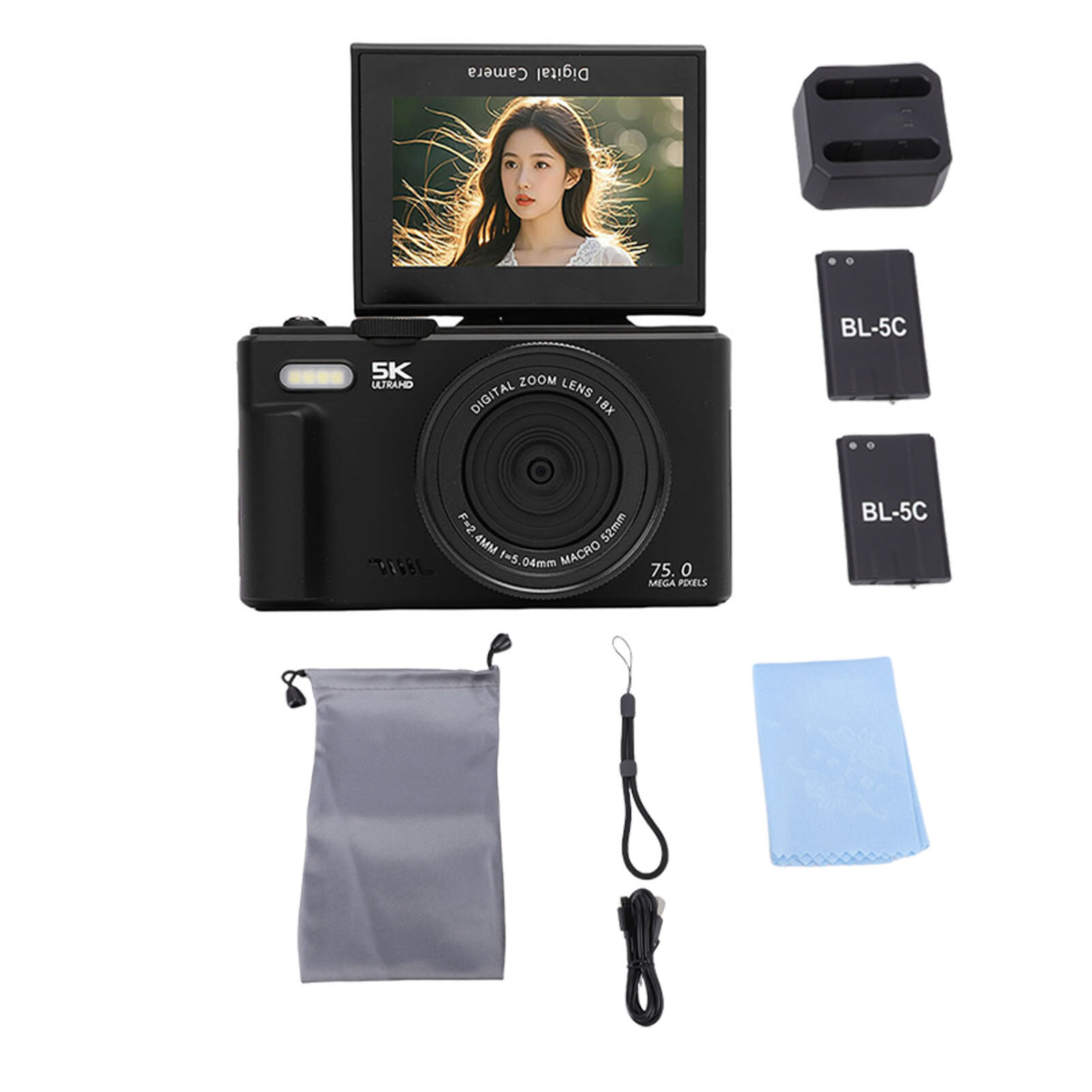 Цифровые камеры 5K для фотографии 75MP HD 18X Digital Zoom AutoFocus Wi -Fi Видеакамера с 3 -дюймовым флип -экраном 32 ГБ карты памяти для Travel Black