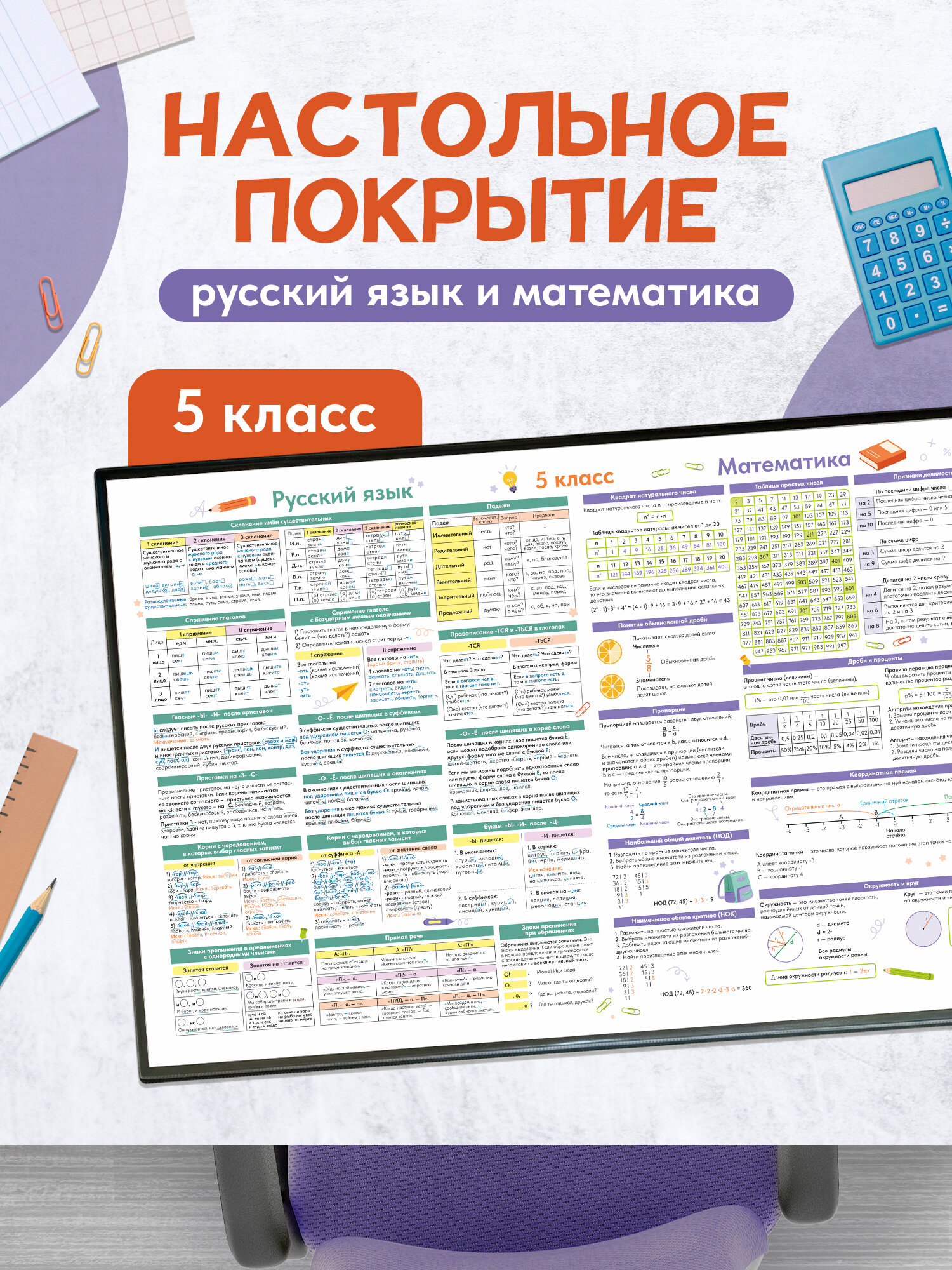 Настольное покрытие «Русский и математика, 5 класс», 59х38 см, с откидным клапаном