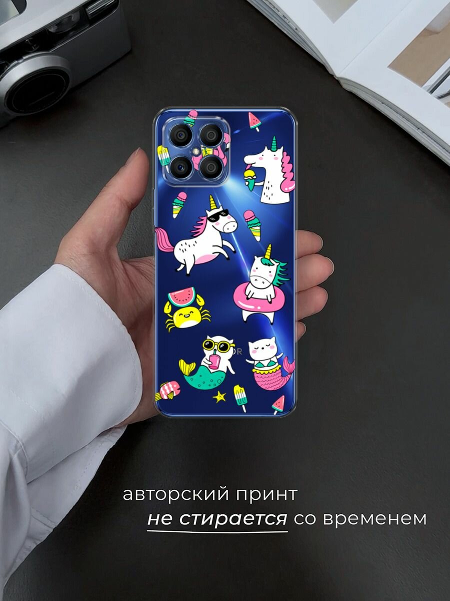 Чехол на Honor X8 / Хуавей X8 с принтом "Единороги в отпуске", прозрачный — фото 1