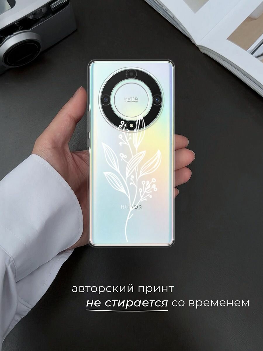 Чехол на Honor X9A / Хонор X9A с принтом "Ветка с листочками и цветами", прозрачный — фото 1