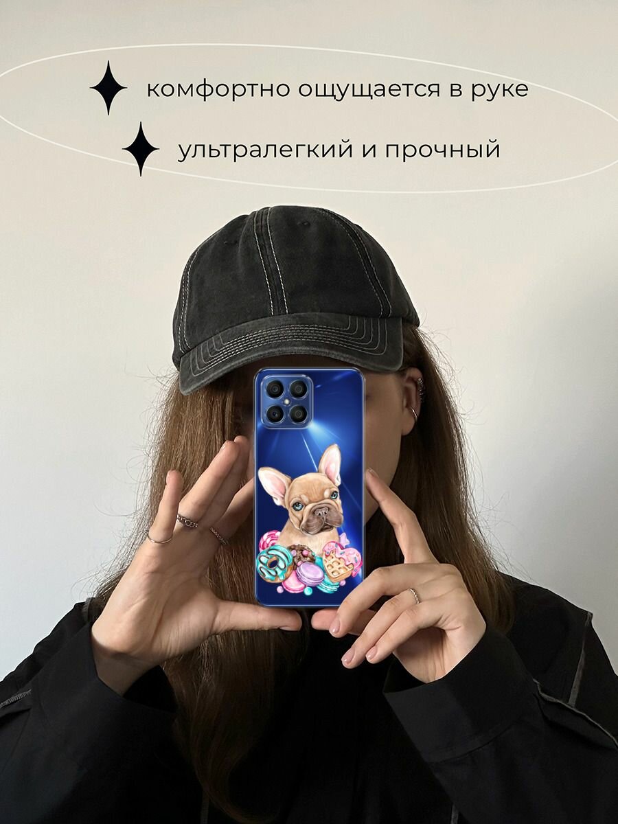 Чехол на Honor X8 / Хуавей X8 с принтом "Бульдог и сладости", прозрачный — фото 1