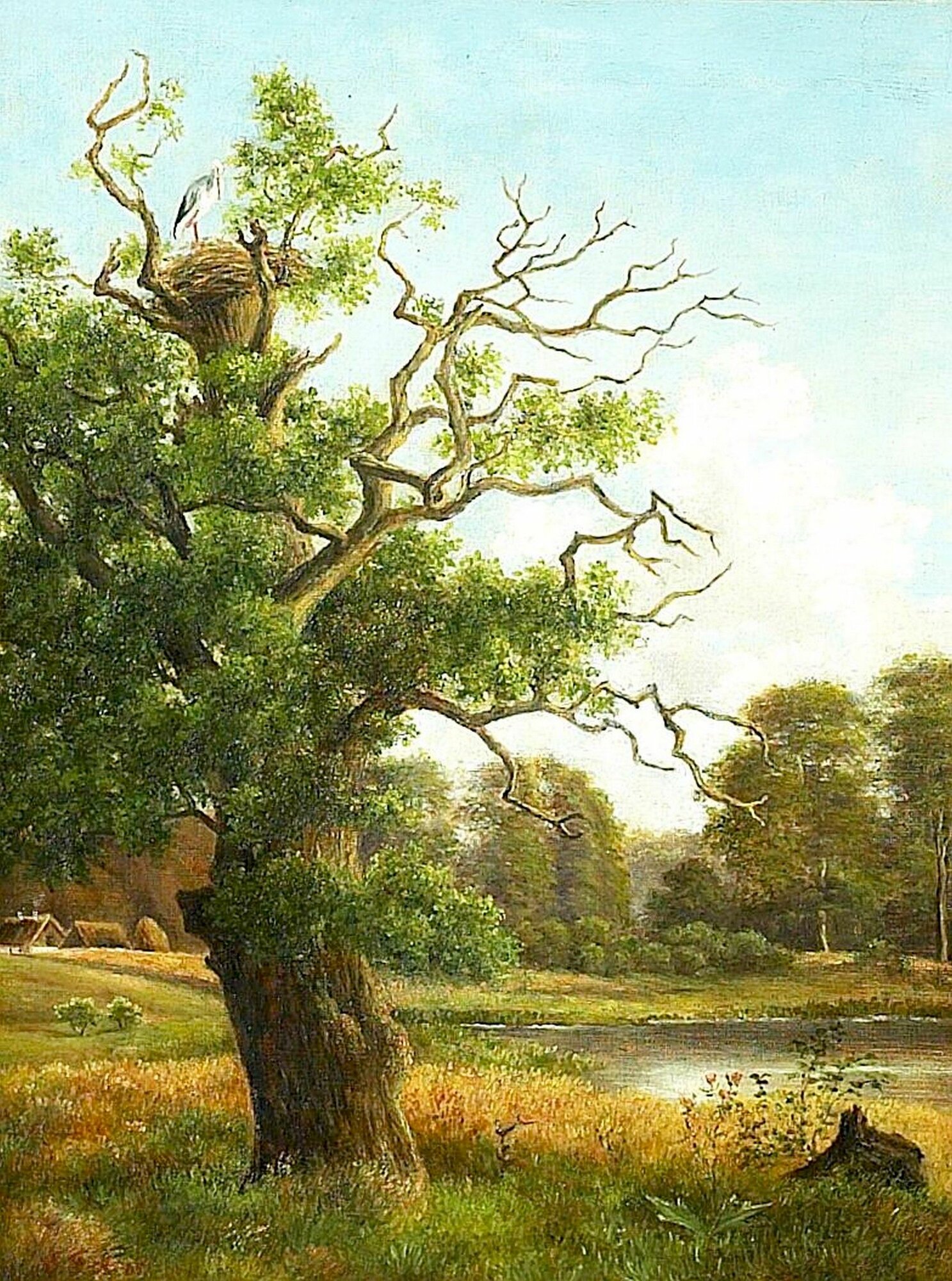 Картина Карла Фредерика Огора Аист в гнезде на старом дубе у озера 60х80 см