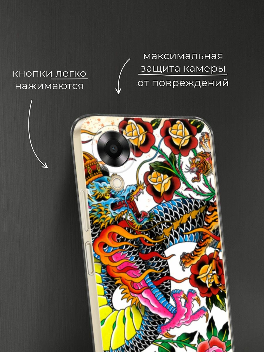 Силиконовый чехол на Oppo A17K / Оппо A17K с принтом "Дракон в цветах" — фото 1