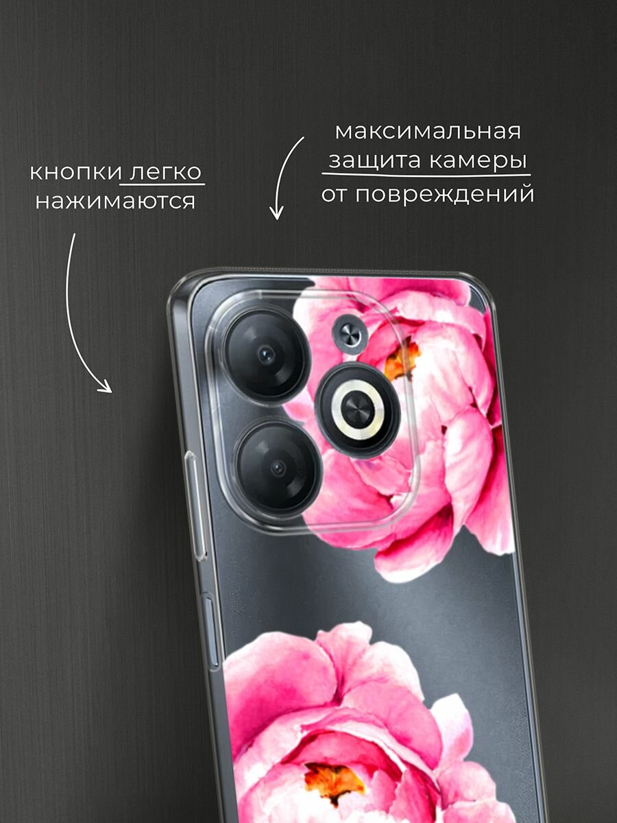 Чехол на Infinix Smart 8/8 HD/HOT 40i / Инфиникс Смарт 8/8 HD/HOT 40i с принтом "Open peonies", прозрачный — фото 1