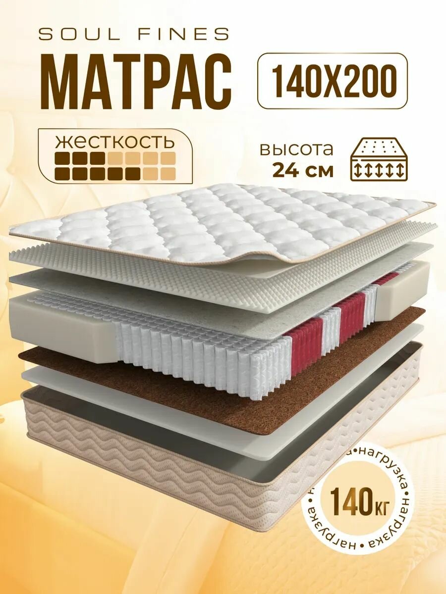 Матрас ортопедический пружинный 140х200 см SOUL Fines, независимые пружины, высота 24 см, 1 шт, белый