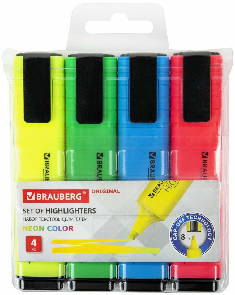 Набор текстовыделителей 4 цвета, BRAUBERG "ORIGINAL NEON", линия письма 1-5 мм, 152215, 152215