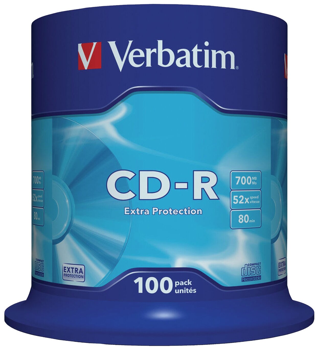 Диски CD-R VERBATIM 700 Mb 52х Cake Box (упаковка на шпиле), комплект 100 шт, 43411