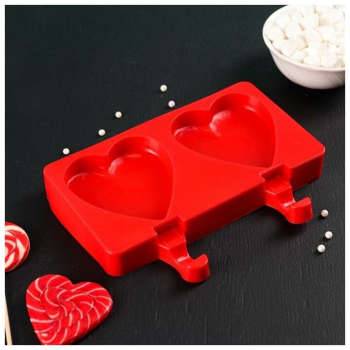 Форма силиконовая для мороженого «Сердечко», 19,5×14×2,5 см, 2 ячейки (8,4×9 см), цвет микс