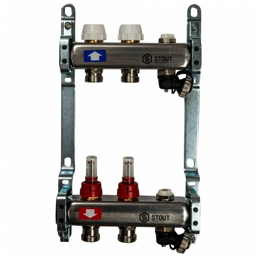 Коллектор из нерж. стали на 2 вых. с расходомерами, сливом и клапаном STOUT