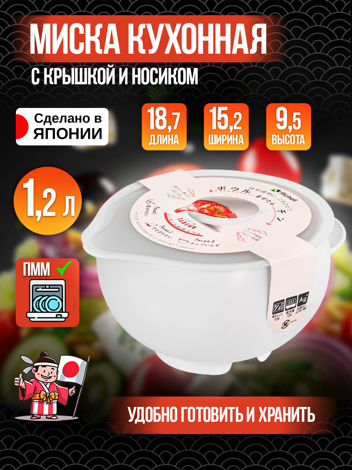 Миска кухонная с крышкой для миксера, блендера 1,2 л, 18,7х15,2х9,5 см