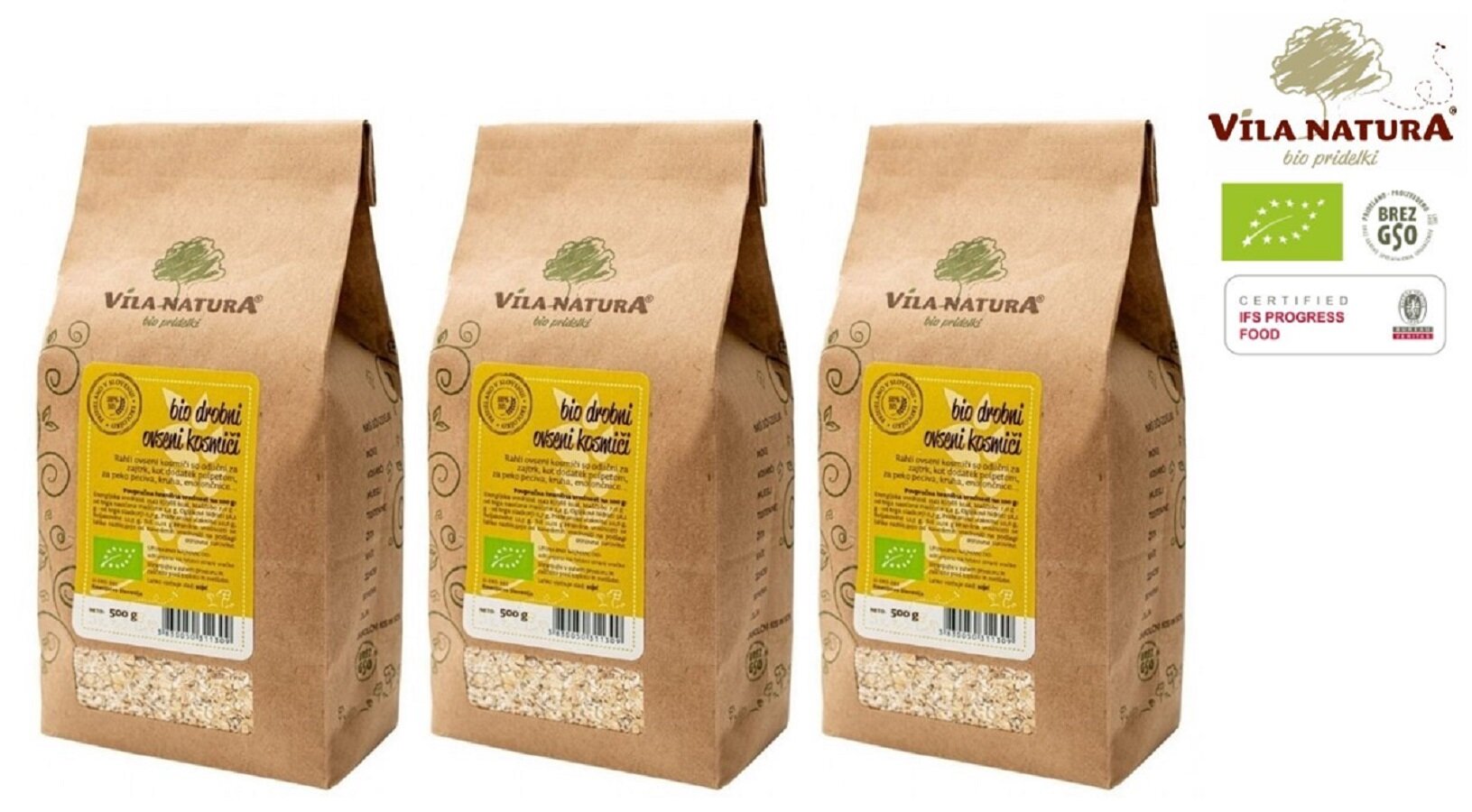 Хлопья овсяные цельнозерновые резаные био Vila Natura Словения 3х500г
