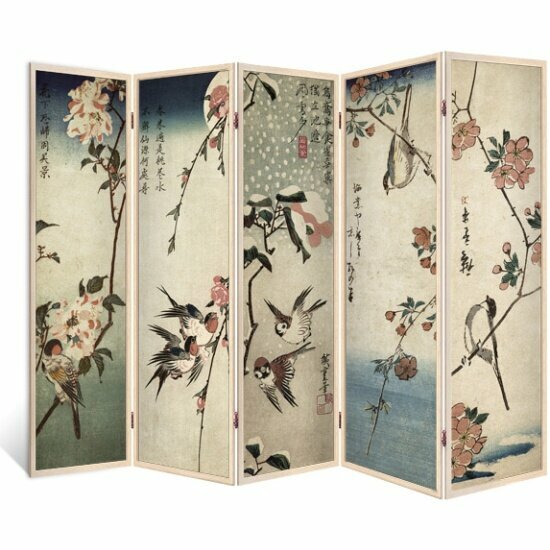 Ширма перегородка Декор Депо для комнаты деревянная "Японские птички" двухсторонняя с картинкой (уют) 5 створок кремовый дуб 176х230 см 18 кг
