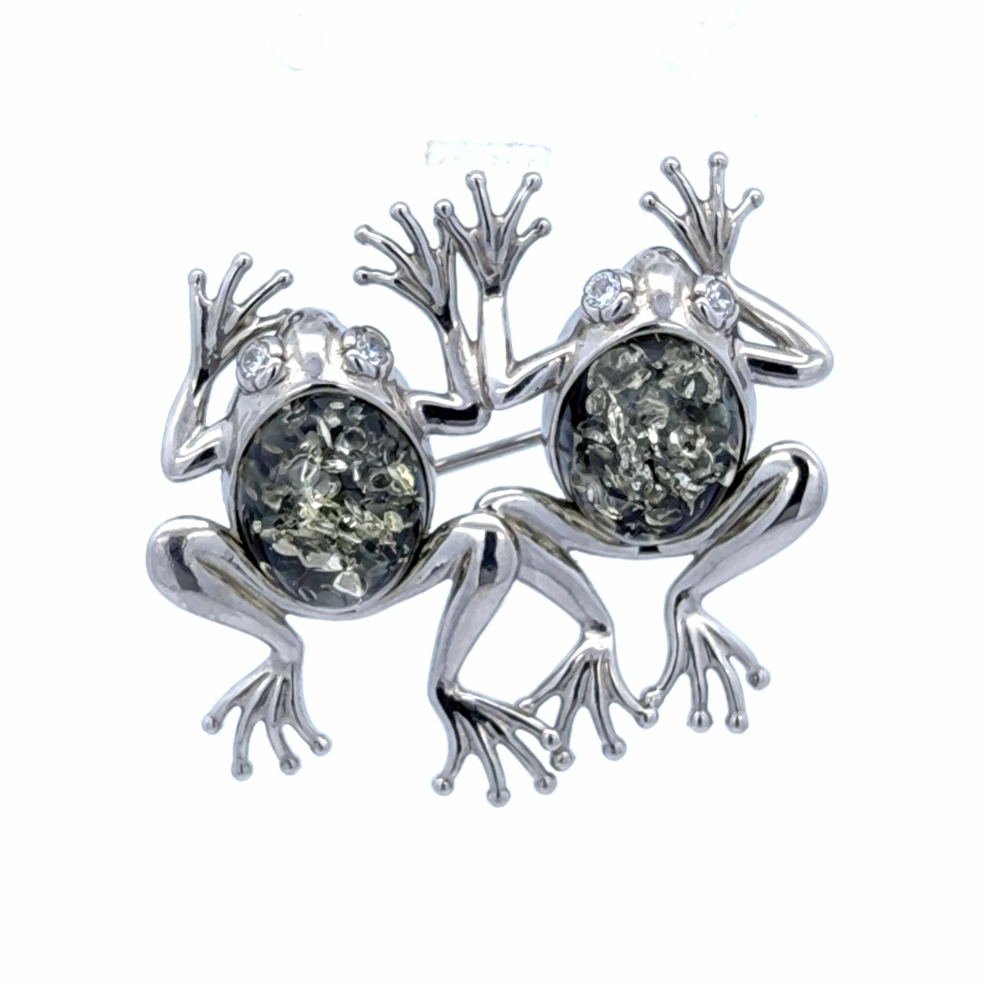 Брошь, серебро, 925 проба, родирование, янтарь, фианит