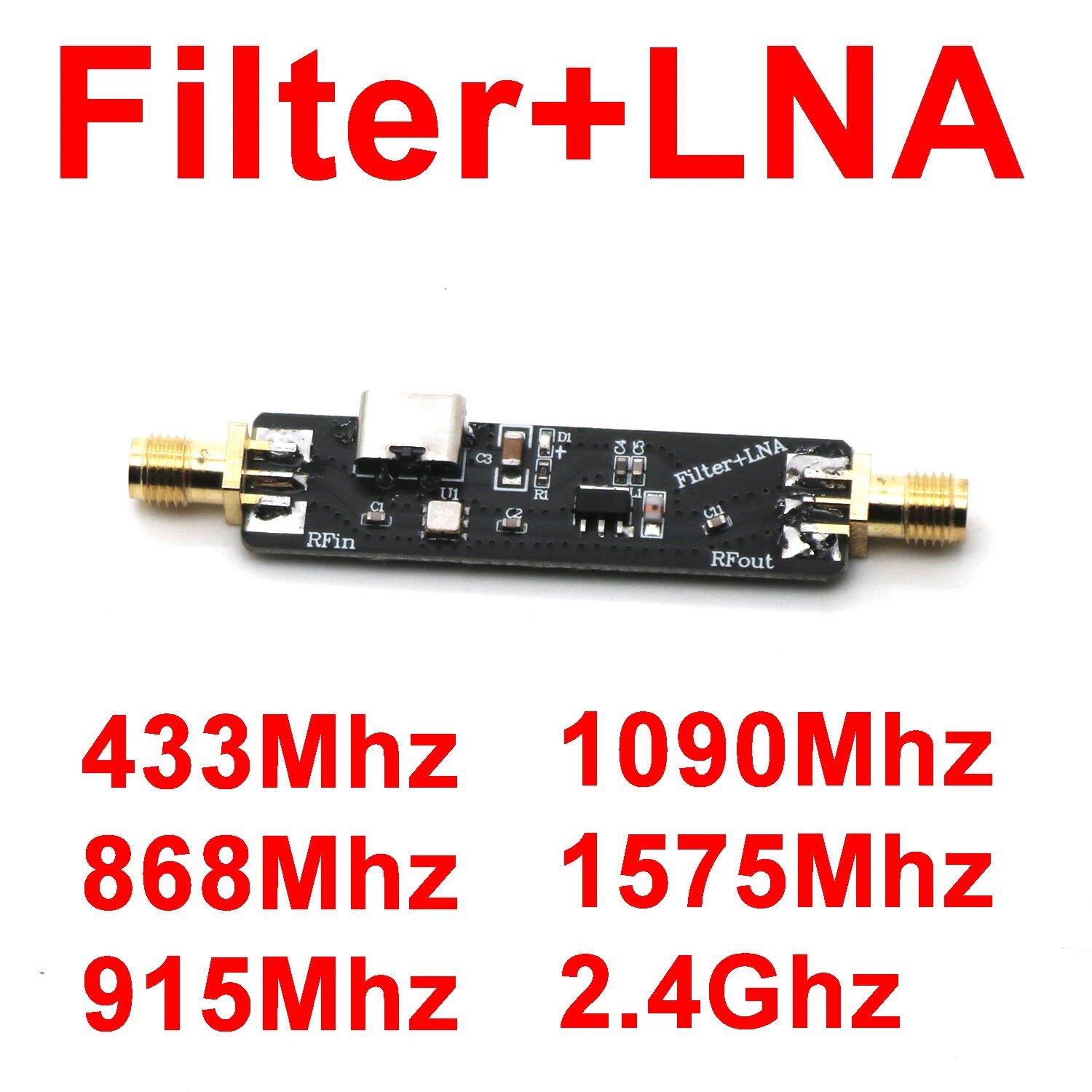 2IN SAW фильтр + LNA RF малошумящий усилитель 433 МГц 868 МГц 915 МГц 1090 МГц 2,4 ГГц WIFI SDR ADS-B LORA Helium Miner Walkie Talkie 433Mhz