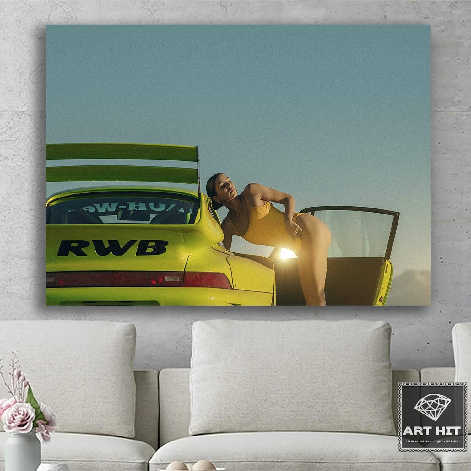 Ретро автомобиль и девушка, постер на стену авто, 20х30 см.