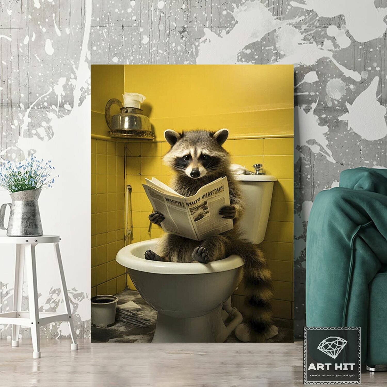 Картина в туалет, ванную комнату, Енот читает газету в туалете