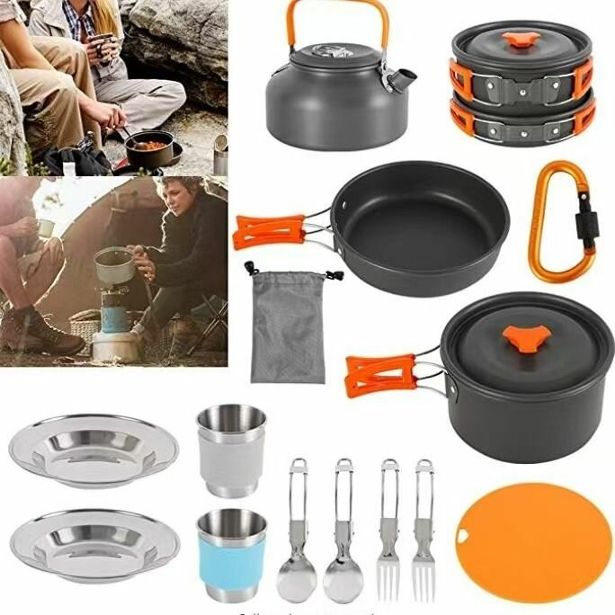 Набор посуды туристический для костра, посуда из анодированного алюминия, кастрюля, сковорода для пикника, чайник походный костровой для путешествий, охоты и рыбалки, выживания и кемпинга/DS-700