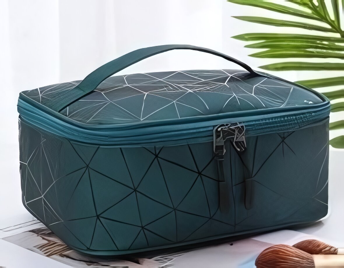 Косметичка-органайзер «Women secret», темно-зеленый, геометрический узор, водоотталкивающий текстиль, ручка