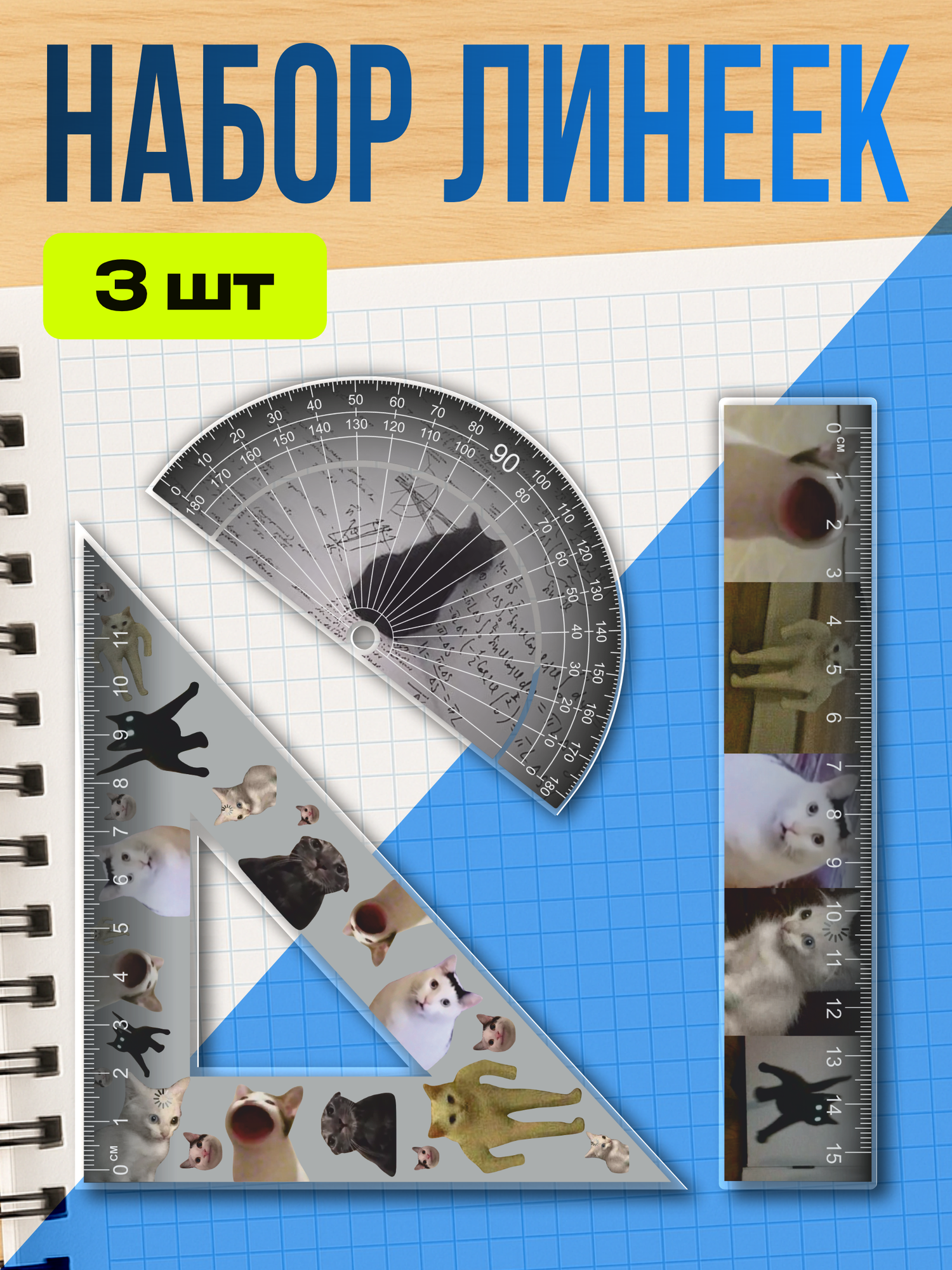 Набор линеек для школьника с транспортиром Мемные Коты
