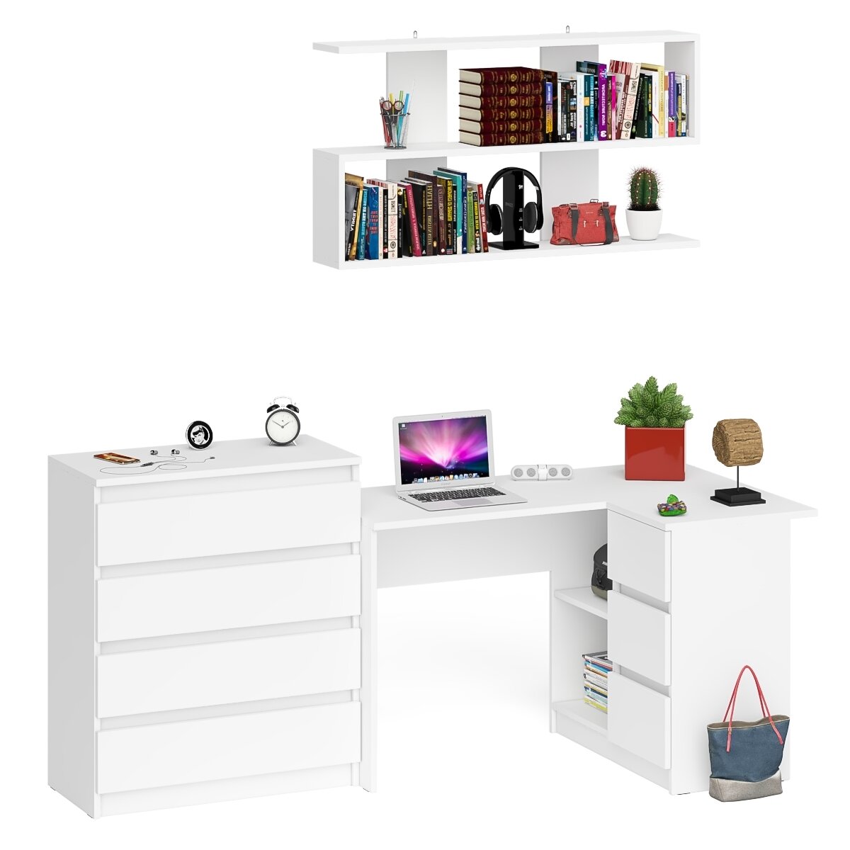 Книжная навесная полка Мори с угловым компьютерным столом МС-16 правым и комодом, белый, 204,8х84,9х209,6 см.