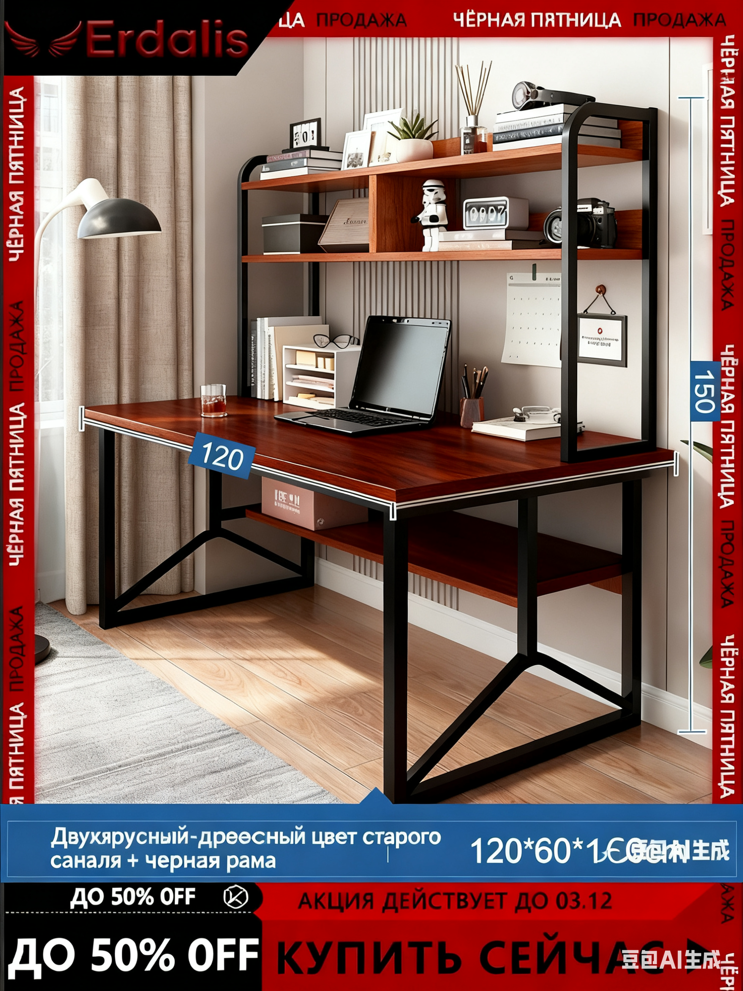 Компьютерный стол Langtu, современный, двухъярусный, с полками, МДФ, 120x150 см