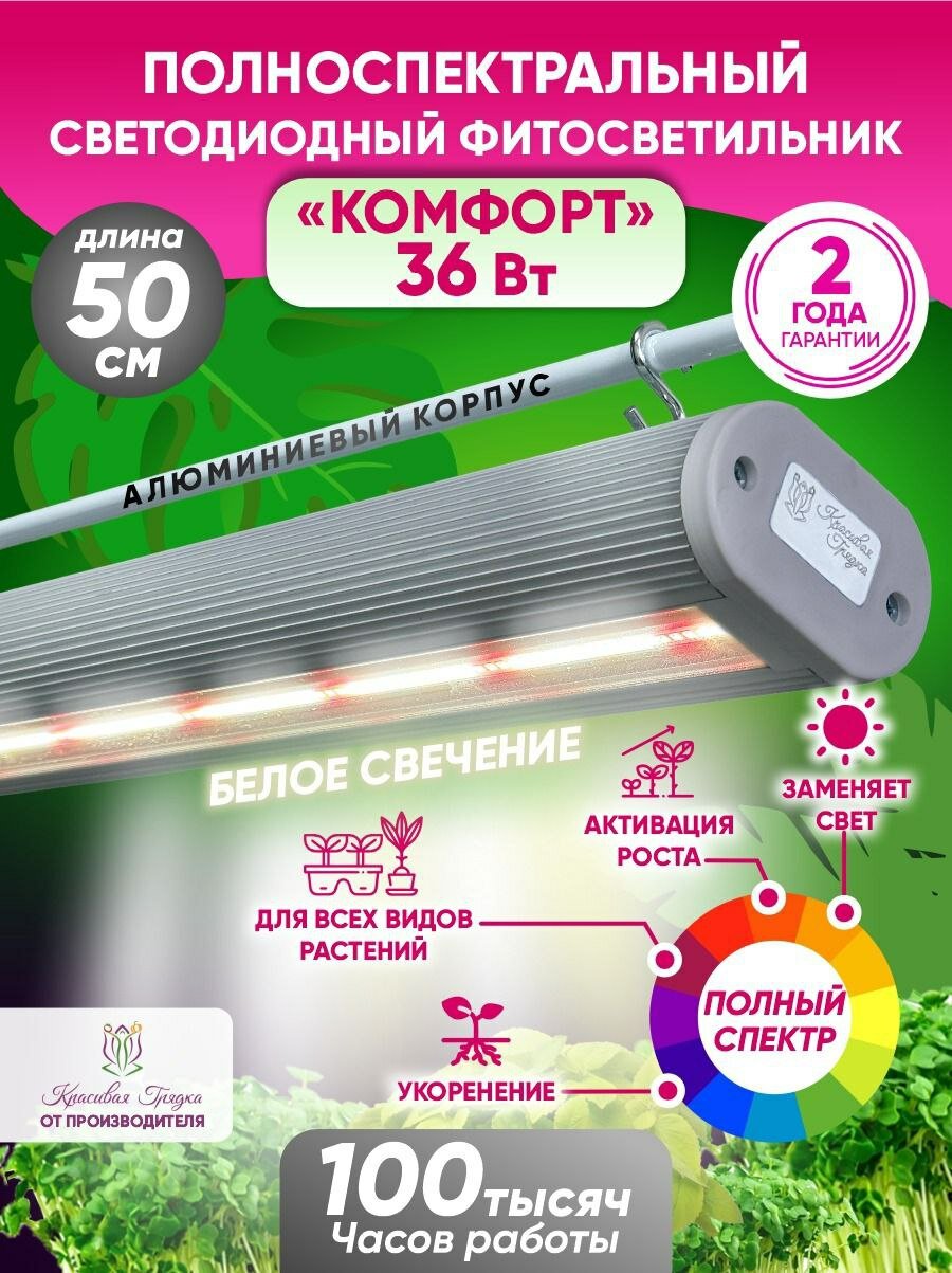 Фитолампа для растений и рассады "Комфорт", полного спектра, "Красивая грядка", длина 50 см