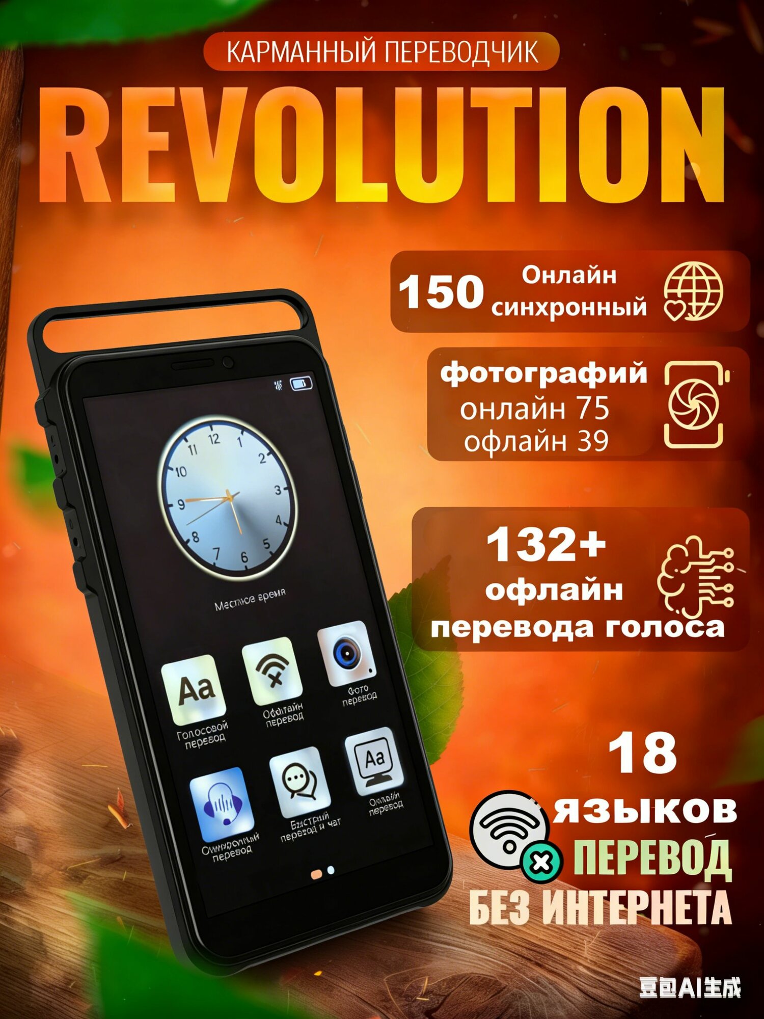 Интеллектуальный голосовой переводчик, Перевод фотографий, 150 языка, 4.02-дюймовый полноэкранный экран смарт, 500-мегапиксельная HD-камера